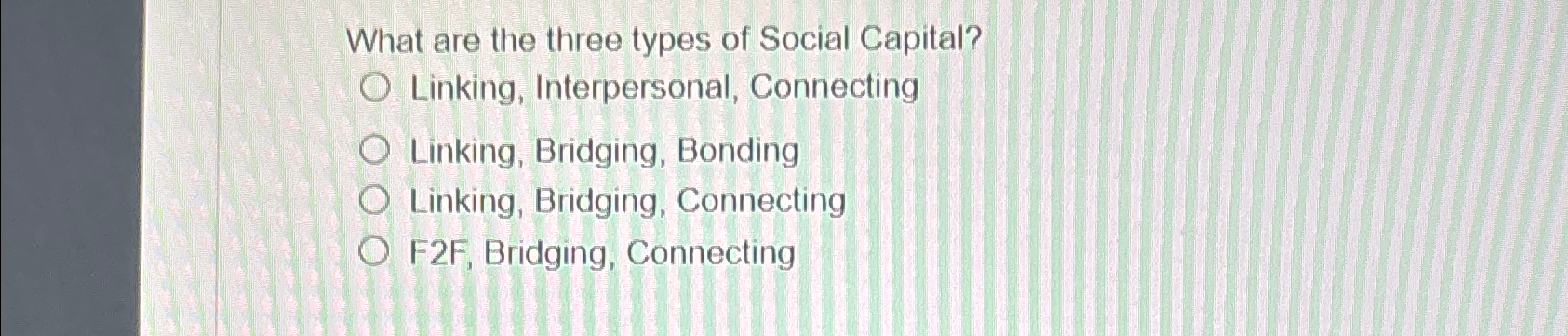 Solved What are the three types of Social Capital?Linking, | Chegg.com