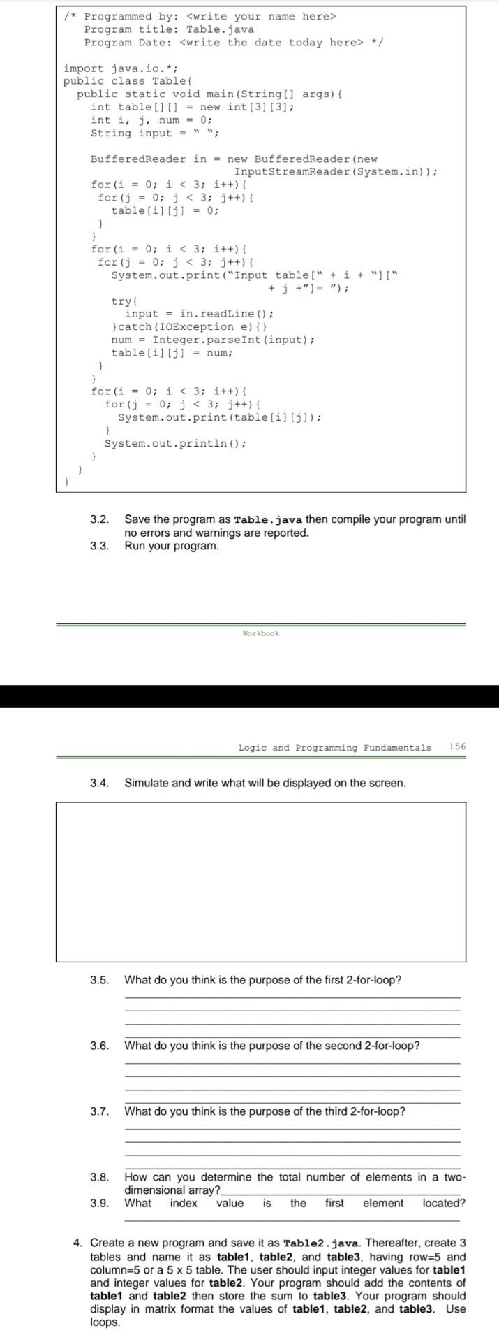 Solved 3.2. Save the program as Table.java then compile your | Chegg.com
