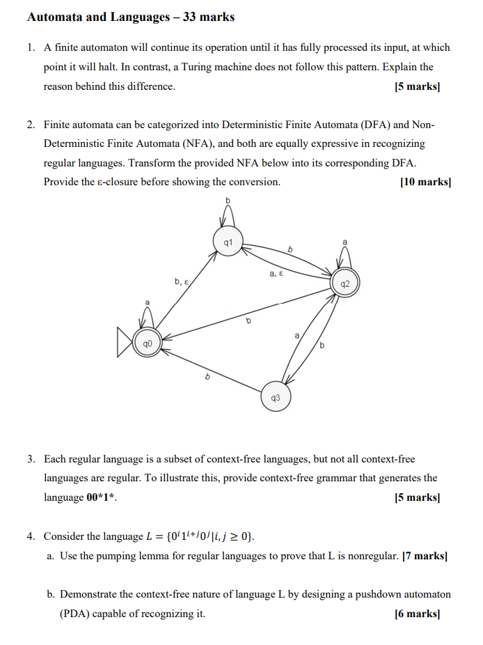 Solved Automata and Languages - 33 ﻿marksA finite automaton | Chegg.com