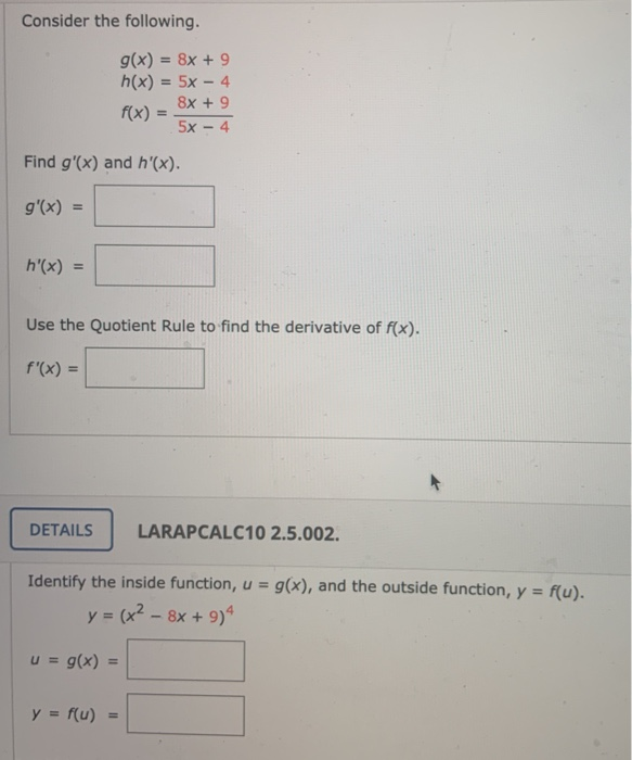 Solved Consider the following. g(x) = 8x + 9 h(x) = 5x - 4 | Chegg.com