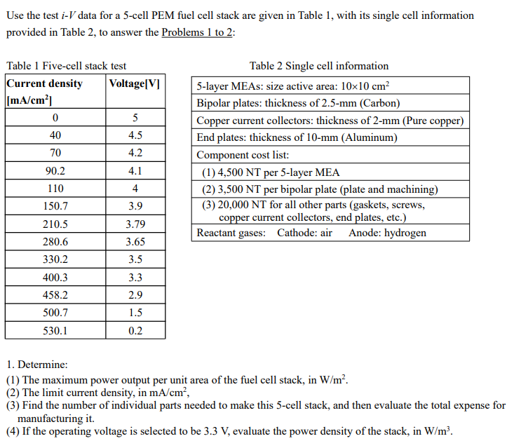 Solved Use the test i-V ﻿data for a 5-cell PEM fuel cell | Chegg.com