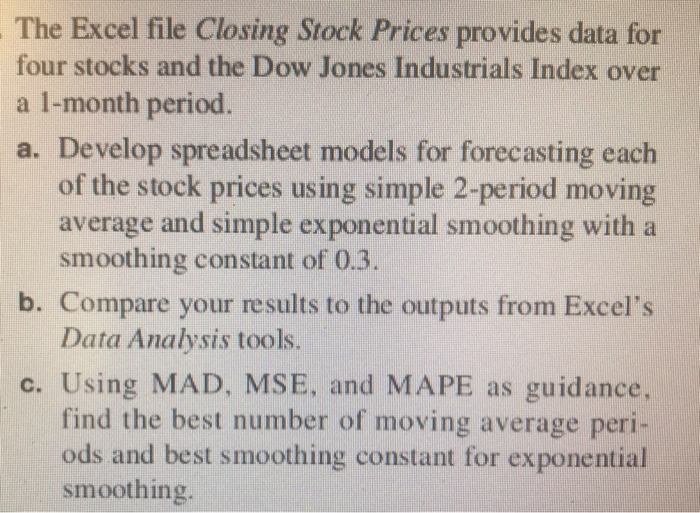 Solved K18 A D E C F 1 Closing Stock Prices 2 DJ Industrials | Chegg.com