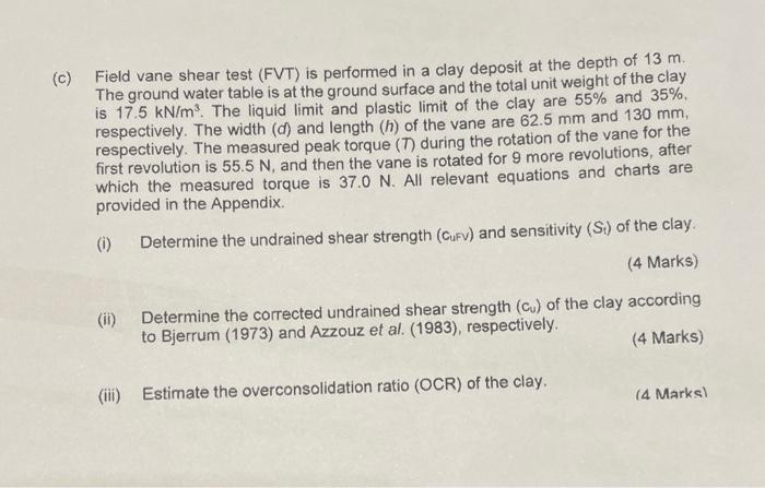Solved Field vane shear test (FVT) is performed in a clay | Chegg.com