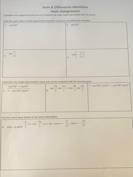 Solved Sum & Difference Identities Main Assignment Complete | Chegg.com