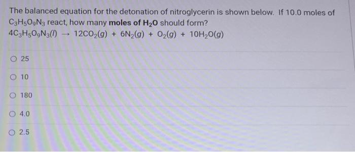 Solved The balanced equation for the detonation of | Chegg.com