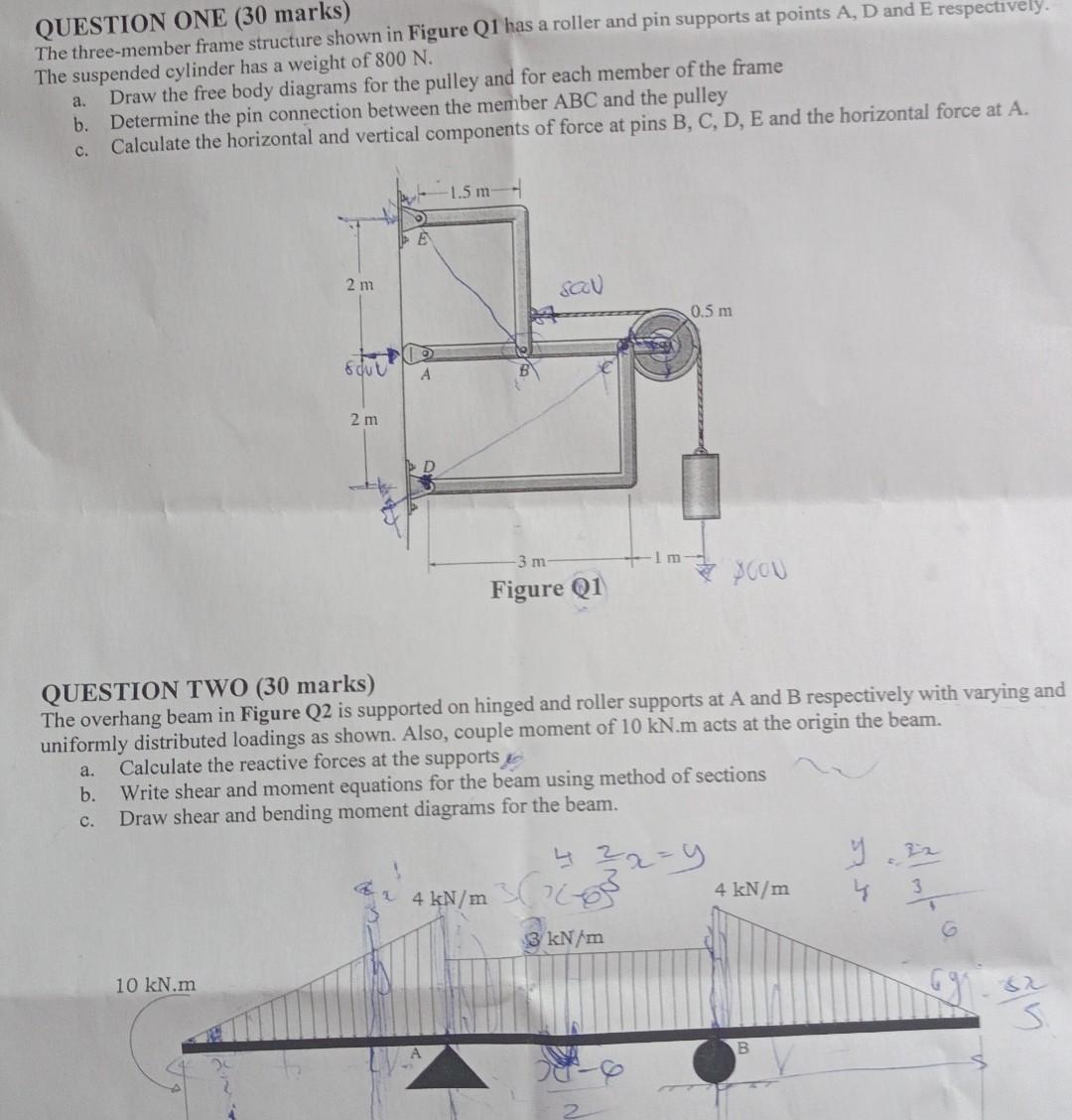 Solved QUESTION ONE ( 30 marks) The three-member frame | Chegg.com