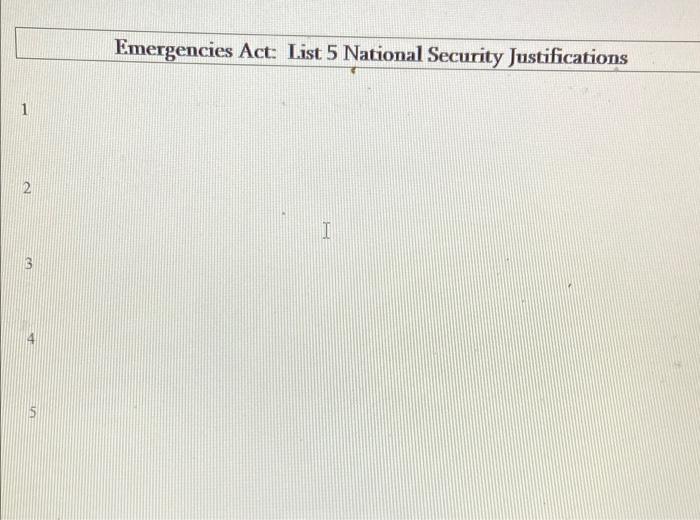 Solved Emergencies Act: List 5 National Security | Chegg.com