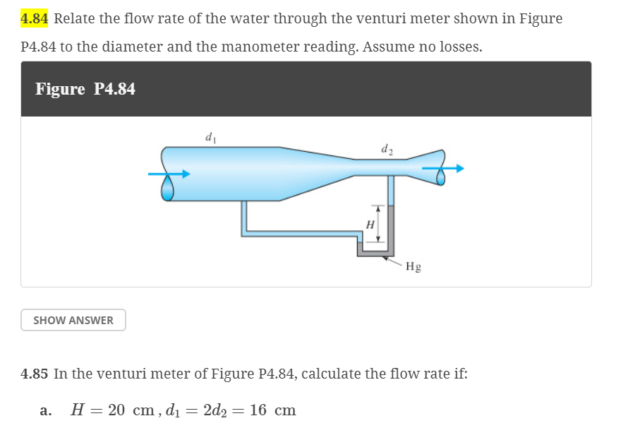 Solved 4.85 ﻿In the venturi meter of Figure P4.84, | Chegg.com