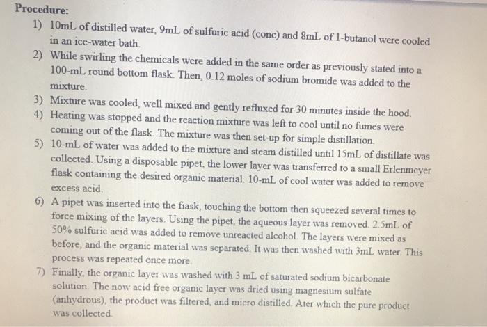 Solved Procedure: 1) 10mL of distilled water, 9mL of | Chegg.com