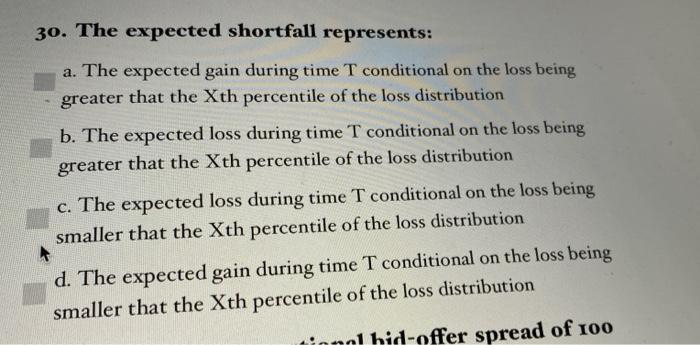 Solved 30. The expected shortfall represents: a. The | Chegg.com