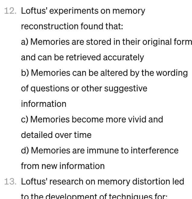 Solved Loftus' experiments on memory reconstruction found | Chegg.com