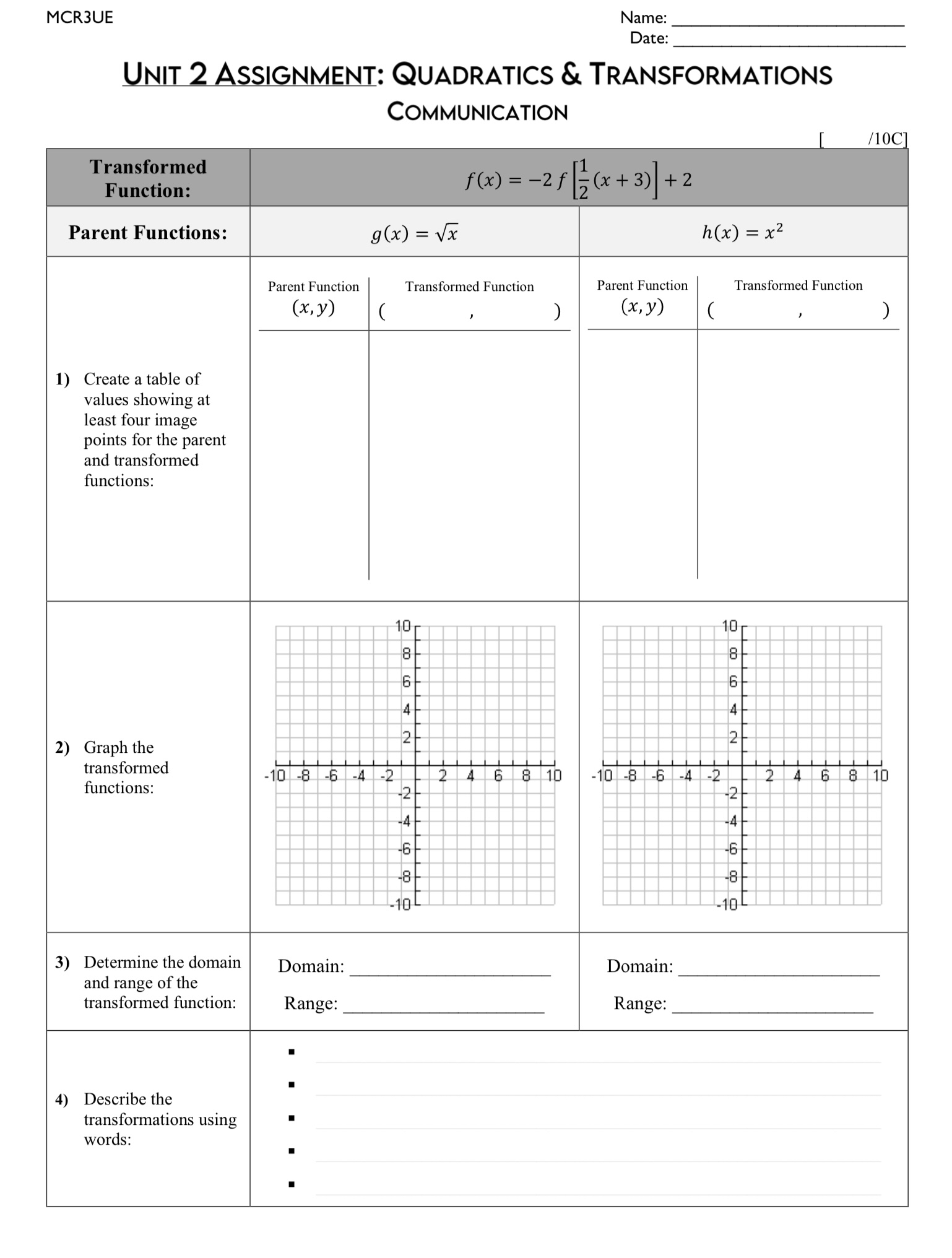 MCR3UEName:Date:UNIT 2 ﻿ASSIGNMENT: QUADRATICS & | Chegg.com