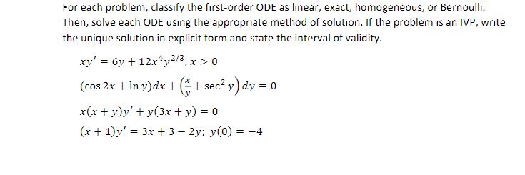 Solved For each problem, classify the first-order ODE as | Chegg.com