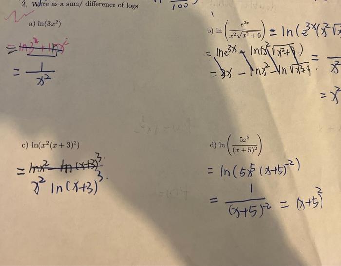 Solved 2. WJite as a sum/ difference of logs c) ln(x2(x+3)3) | Chegg.com