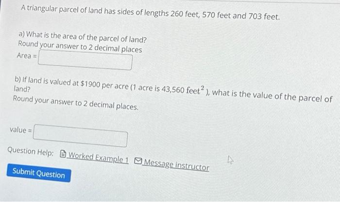 Solved A triangular parcel of land has sides of lengths 260 | Chegg.com