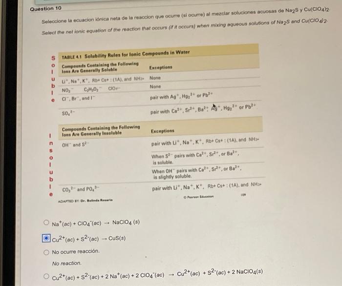 Solved Question 10 Seleccione la ecuacion ionica neta de la | Chegg.com