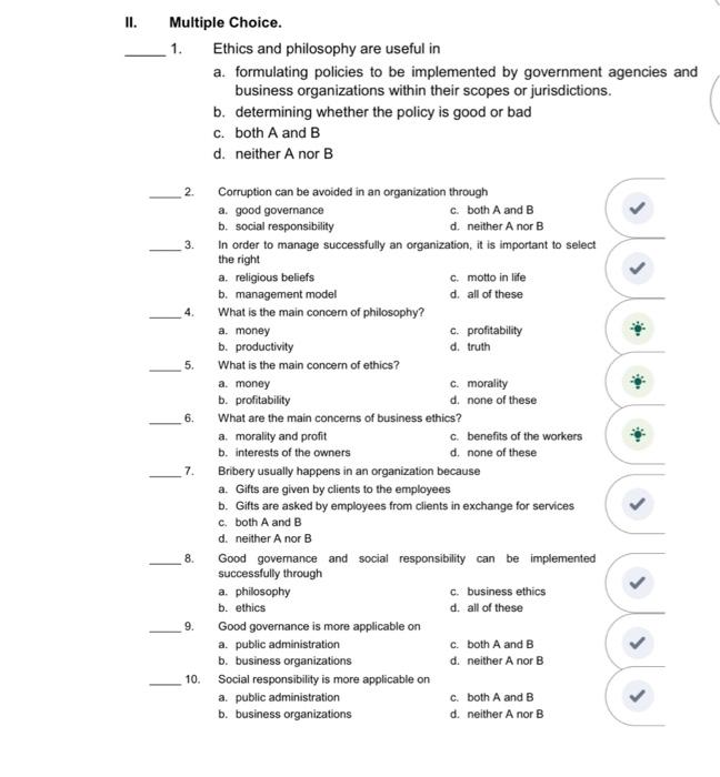 II. Multiple Choice. 1. Ethics and philosophy are | Chegg.com