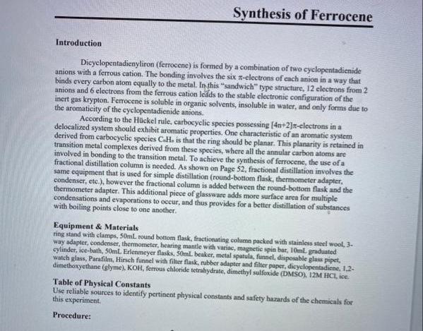 Solved Synthesis of Ferrocene Introduction | Chegg.com