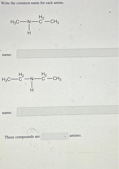 Solved Write the common name for each amine. name: name: | Chegg.com