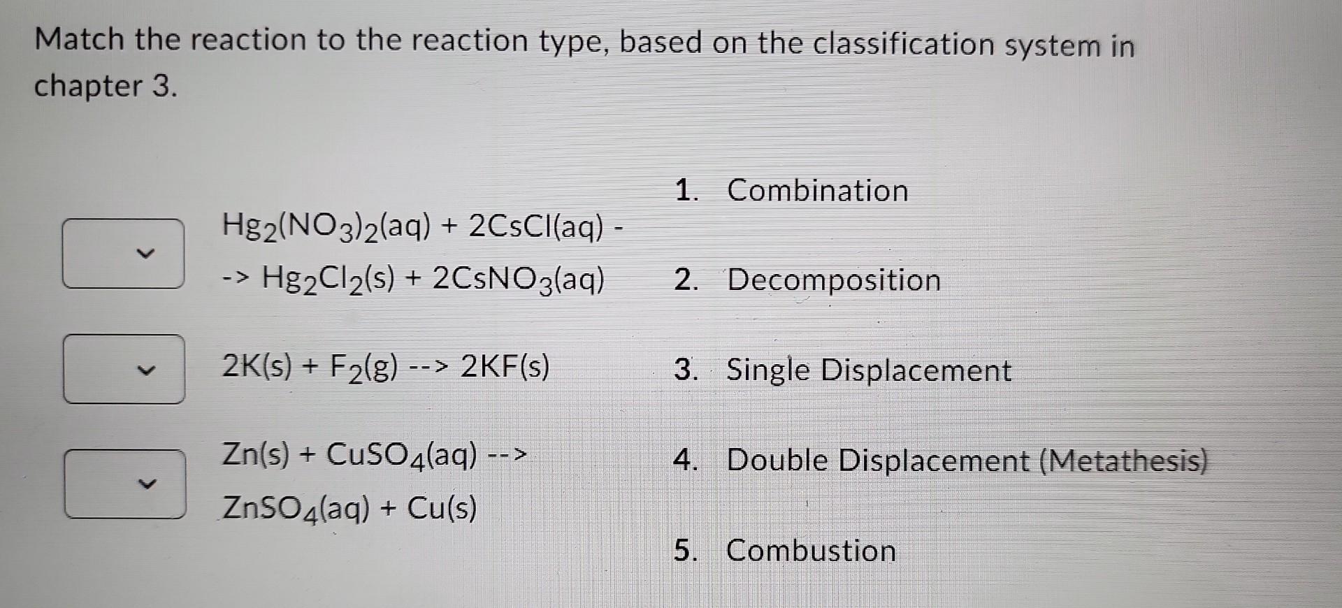 Solved Match the reaction to the reaction type, based on the | Chegg.com