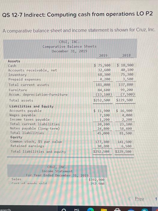 Solved QS 12-7 Indirect: Computing cash from operations LO | Chegg.com