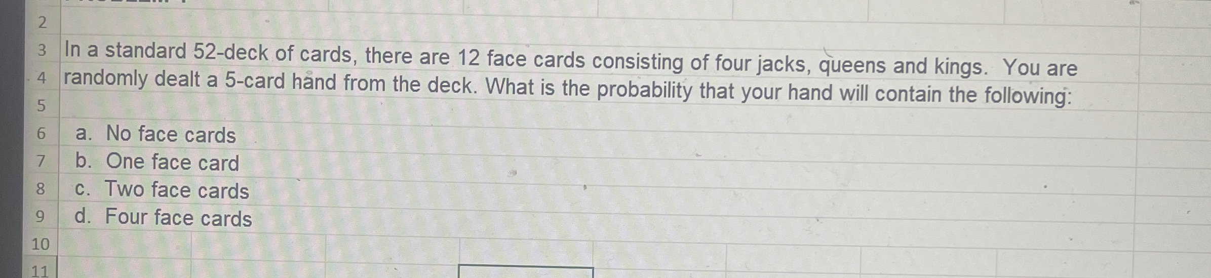 Solved In a standard 52-deck of cards, there are 12 ﻿face | Chegg.com