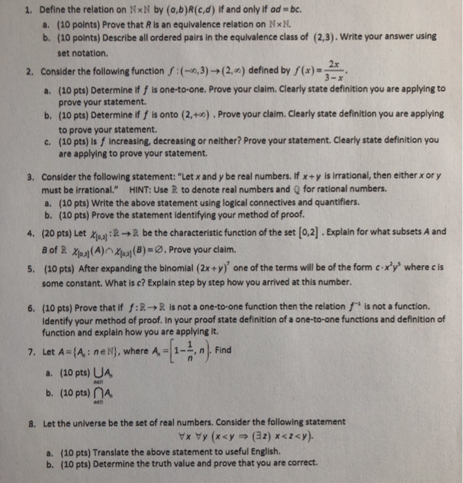 Solved 1. Define the relation on NxN by (a,b)R(c,d) if and | Chegg.com