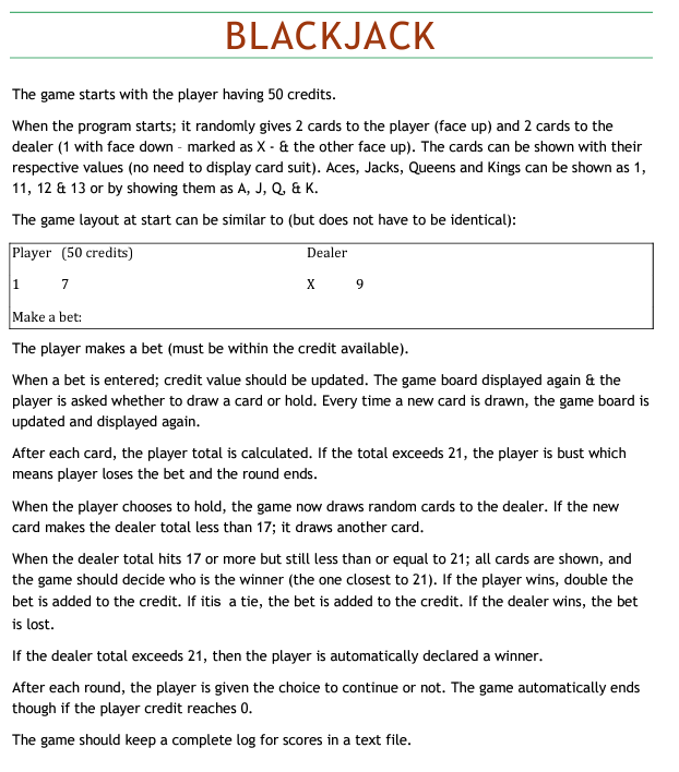 Solved BLACKJACKThe game starts with the player having 50 | Chegg.com
