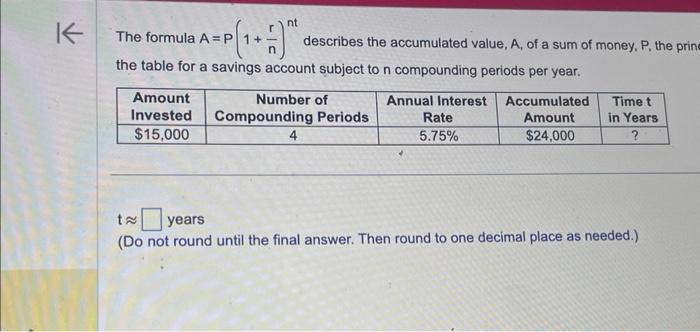 Solved The formula A=P(1+nr)nt describes the accumulated | Chegg.com