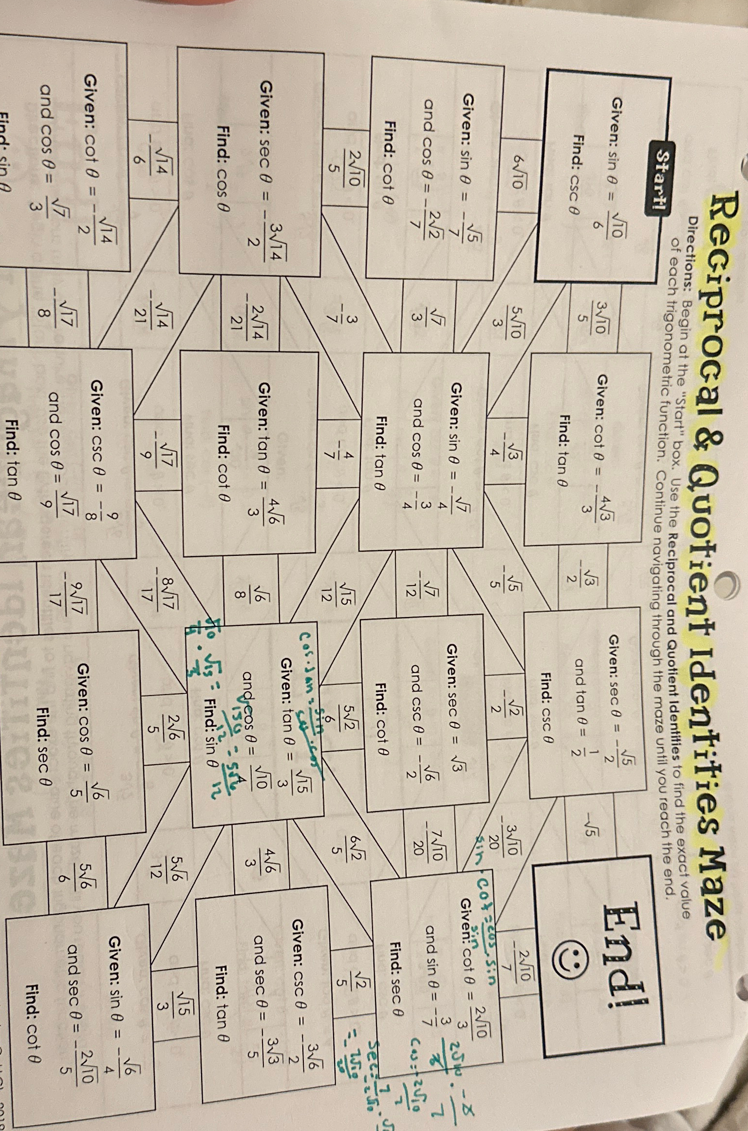 Solved Reciprocal & Quotient Identities MazeDirections: | Chegg.com