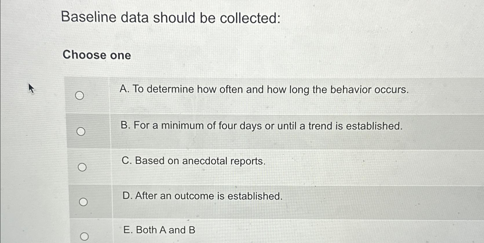 Solved Baseline data should be collected:Choose oneA. ﻿To | Chegg.com