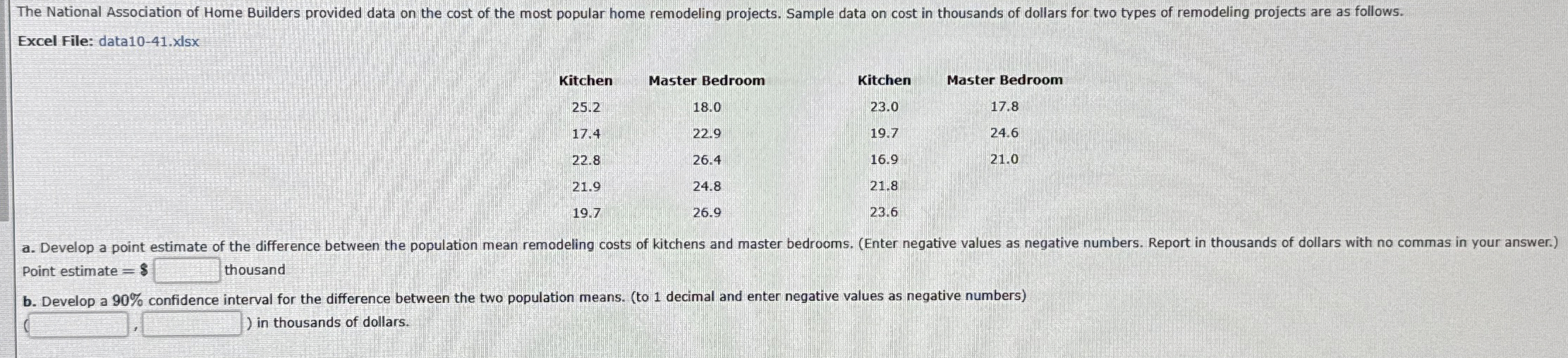 Solved Excel File: data10-41.xIsx\table[[Kitchen,Master | Chegg.com