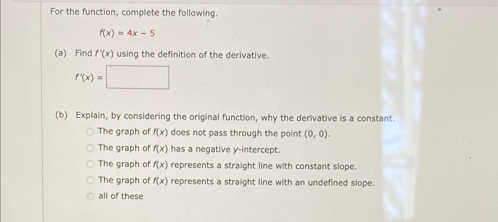 Solved For the function, complete the following.f(x)=4x-5(a) | Chegg.com