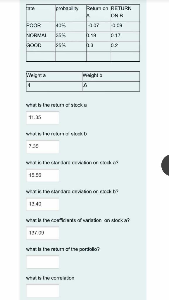 Solved tate probability Return on RETURN A ON B POOR 40% | Chegg.com