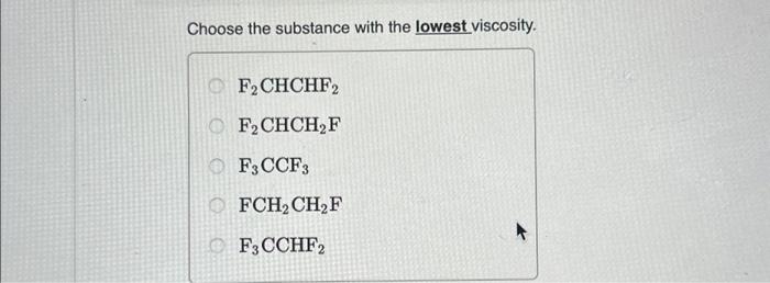 Solved Choose the substance with the lowest viscosity. | Chegg.com