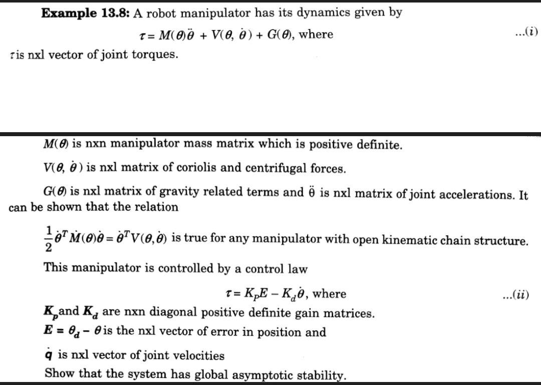Solved Example 13.8: A robot manipulator has its dynamics | Chegg.com