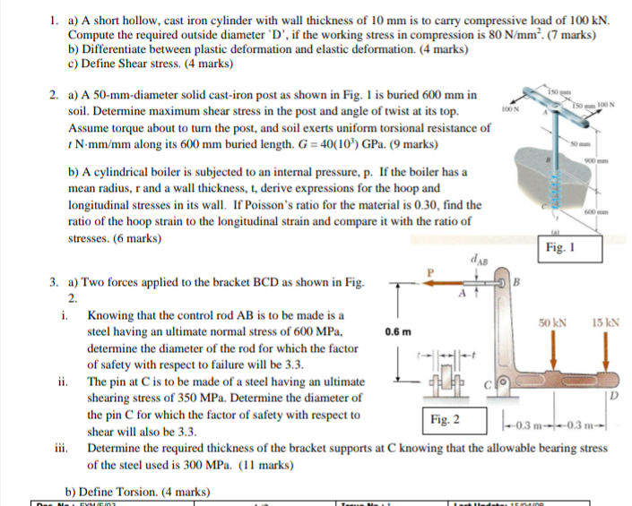 Solved 1500N 1. a) A short hollow, cast iron cylinder with | Chegg.com
