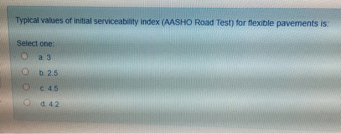 Solved Typical values of initial serviceability index (AASHO | Chegg.com