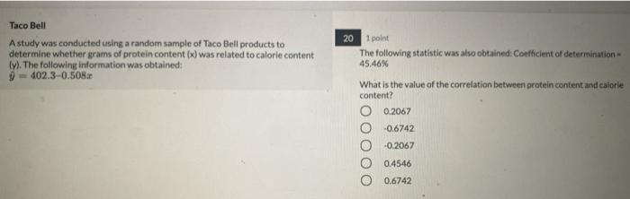 Solved Taco Bell Astudy was conducted using a random sample | Chegg.com