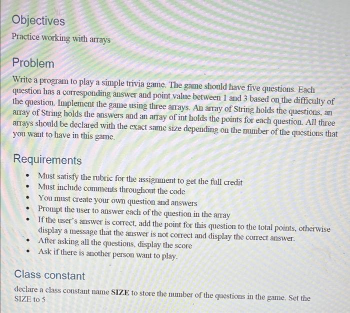 Solved Objectives Practice working with arrays Problem Write | Chegg.com