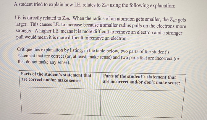 Solved A student tried to explain how I.E. relates to Zeff | Chegg.com