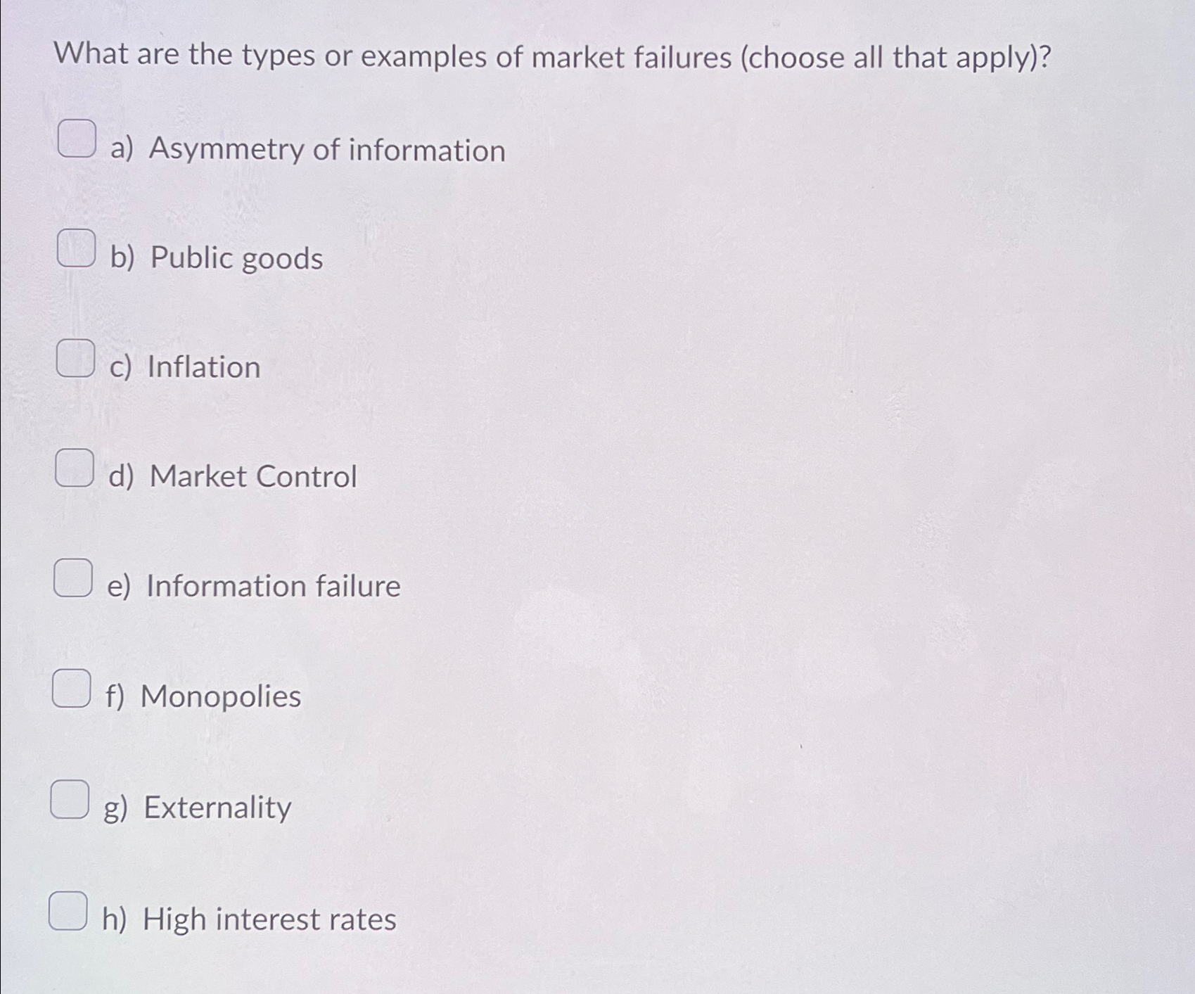 Solved What are the types or examples of market failures | Chegg.com