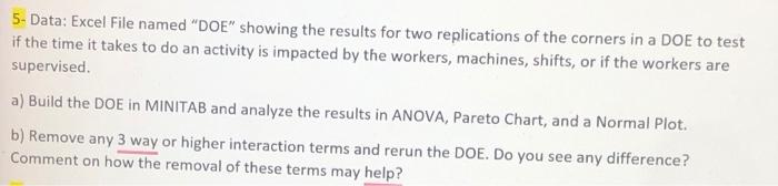 Solved 5- Data: Excel File named "DOE" showing the results | Chegg.com