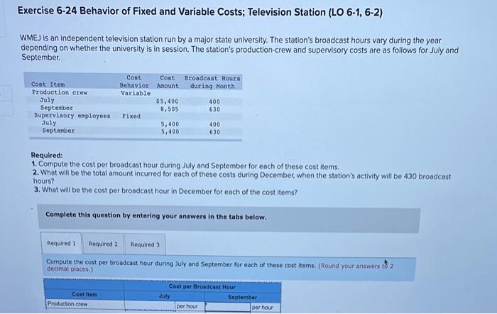 Exercise 6-24 Behavior of Fixed and Variable Costs; | Chegg.com