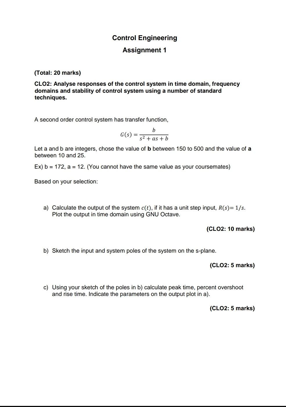 Solved Control Engineering Assignment 1 (Total: 20 marks) | Chegg.com