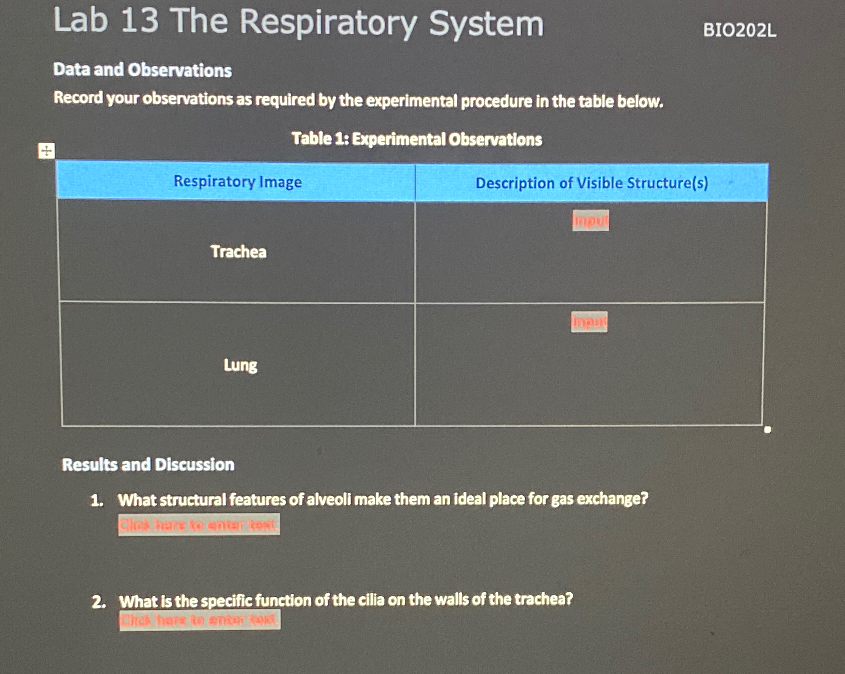 Solved Lab 13 ﻿The Respiratory SystemBIO202LData and | Chegg.com