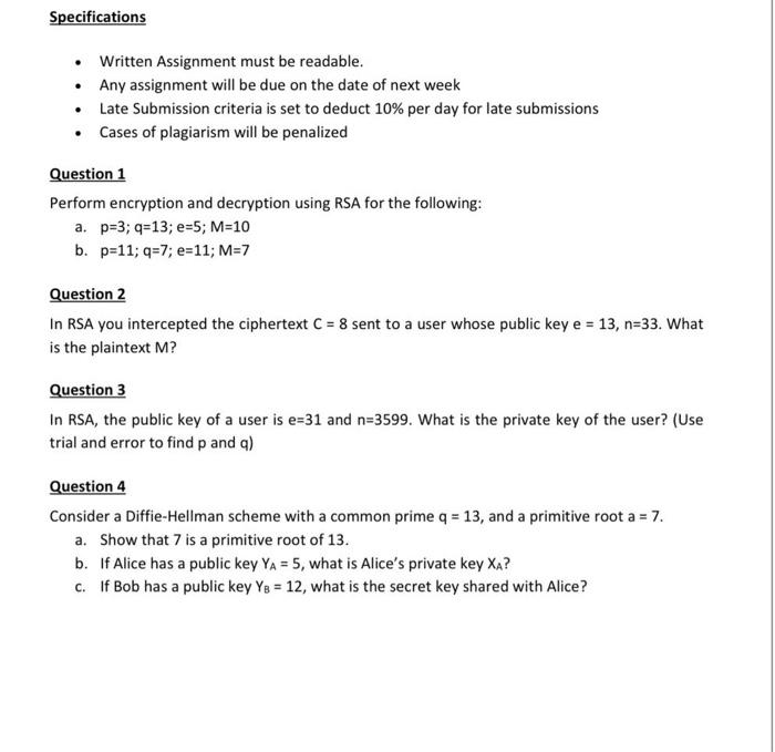 Solved Specifications - Written Assignment must be readable. | Chegg.com