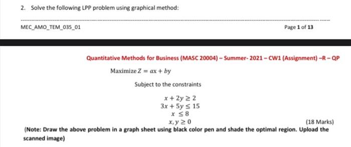 Solved 2. Solve the following LPP problem using graphical | Chegg.com