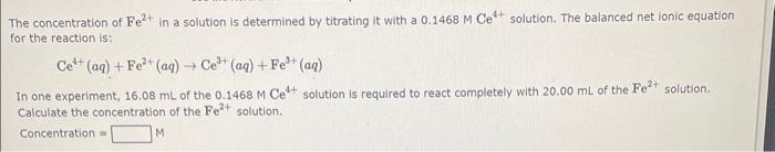 Solved The concentration of Fe2+ in a solution is determined | Chegg.com