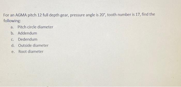 Solved For an AGMA pitch 12 full depth gear, pressure angle | Chegg.com